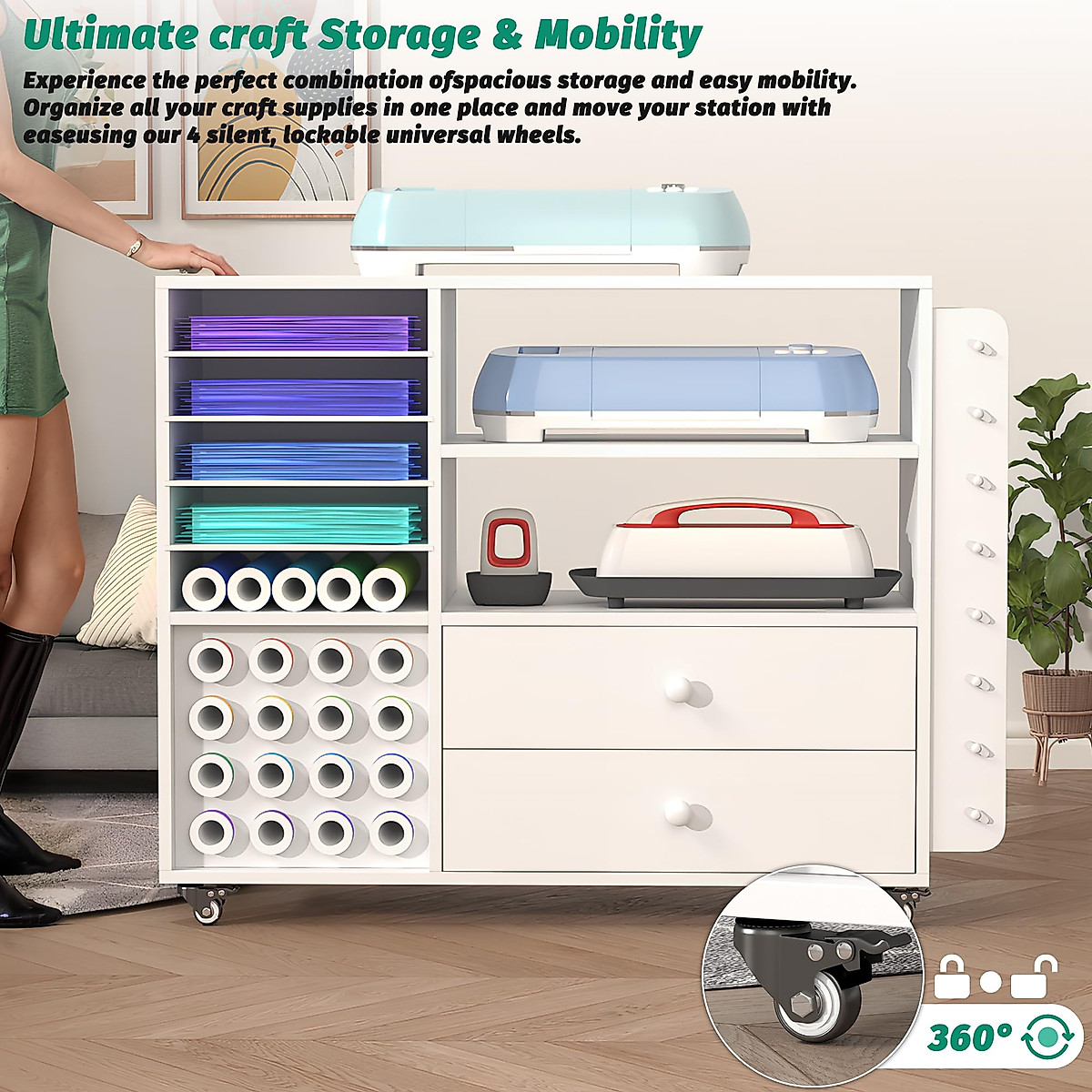 Craft organization and storage Cart Compatible with Cricut Machine Cricut Table, Rolling Craft Organizer With two large drawer & 24 Vinyl Roll Holder & Paper Storage Organizer, for Home Craft Room