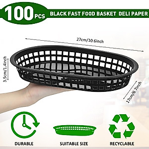 100 Pcs Fast Food Serving Baskets Bulk 10.5 x 7 Inch, Plastic Oval Restaurant Basket Black Chip Basket Reusable Bread Sandwich Baskets for Retro Food Fry Burgers Baskets Tray Party Deli Supplies