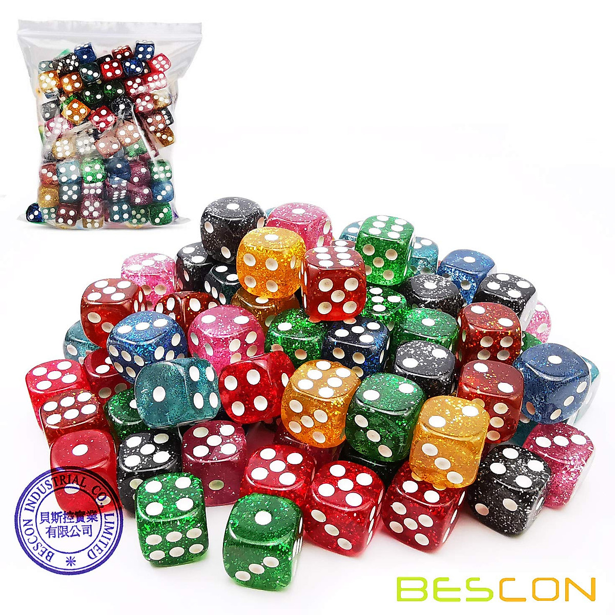 Bescon A Lot of Glitter 16MM D6 Set 100pcs, Assorted Colored Glitter Dice Set 100pcs