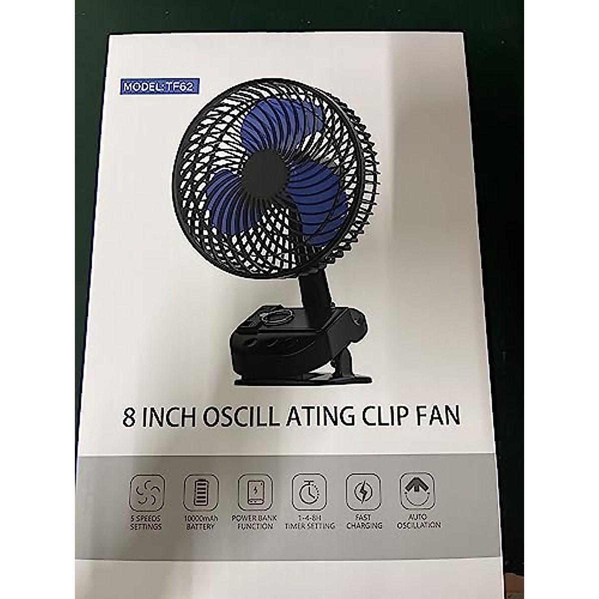 ATEngeus 4 in1 USB Fan, 8” Clip Fan, 10000mAh Rechargeable Table Fan, 5 Speeds Battery Operated Fan, 45°/90° Automatic Rotation, 3 Time Setting, with Clip & Hook for Homes, Offices, Bedroom