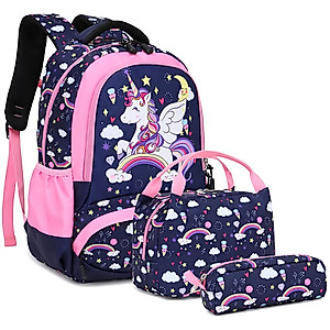 Meisohua Unicorn School Backpack for Girls Cartoon Backpack for Kids School Bag 3pcs Sets with Lunch and Pencil Bag