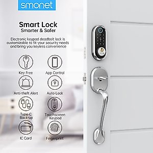 Keyless Entry Door Lock Handle: SMONET Smart Front Door Lock Set Alexa Deadbolt Locks Front Door Handle Bluetooth Electronic Digital Keypad Lock with APP Voice Control Keyfob Auto Lock for Home