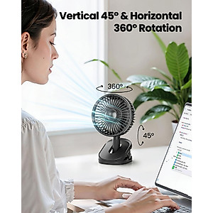Gaiatop Clip on Fan Battery Operated, 4000mAh Auto Oscillating Portable USB Fan with Light & Hook, 4 Speed Personal Mini Desk Fan Rechargeable Table Fan for Home Office Stroller Black