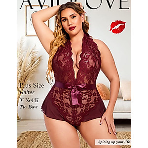 Avidlove Women's Plus Size Lace Babydoll Bodysuit One Piece Lingerie Sexy Halter Teddy Dark Red 18 Plus
