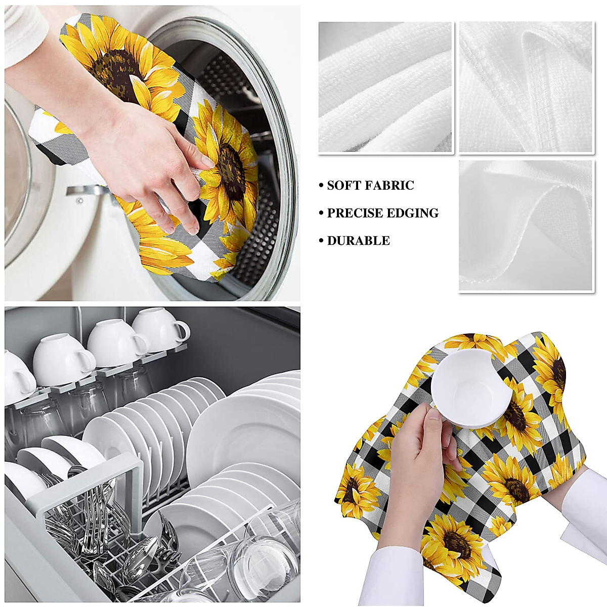 Absorbent Microfiber Kitchen Towels(Set of 2),Spring Summer Wild Sunflower,Tea Towel for Kitchen/Bathroom Decorative Bar Towels,Buffalo Plaid Black White,Soft Resuable Dish Towels Cloths Washable