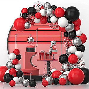 Red and Black Balloons Garland Arch Kit, 115Pcs 18 12 10 5 In Red Black White Metallic Silver Confetti Latex Balloons for Graduation Baby Shower Birthday Weddings With Silver Ribbon and Balloon Strip