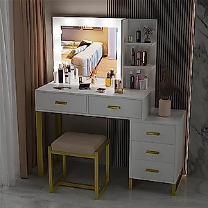 PAKASEPT Vanity Set with Lighted Mirror, Large Desk Makeup Dressing Table 9 LED Lights, 5 Drawers, Storage Shelves&Cushioned Stool for Bedroom, White, 45.51''L * 15.74''W * 51.37 ''H