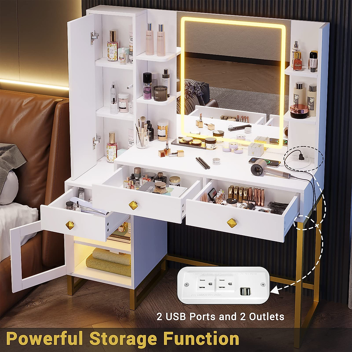 BTHFST Vanity Desk with Full Length Mirror and Lights, Makeup Vanity with Lights and Charging Station, Large Makeup Table with Drawers Shelves Cabinet, Vanity Table with Ambient Light, White and Gold