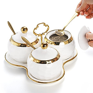 Foraineam Porcelain Condiment Pot Sugar Bowl Spice Jars with Lid, Spoon and Tray, Salt Container Spice Box Seasoning Pots, White Sugar Salt Bowls Set for Kitchen, Restaurant, Coffee Bar, Set of 3