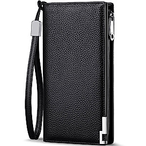 Huztencor Long Wallets for Men Leather RFID Blocking Wallet Bifold Slim Credit Card Holder Zip Around Wallet Purse with Zipper Strap Black
