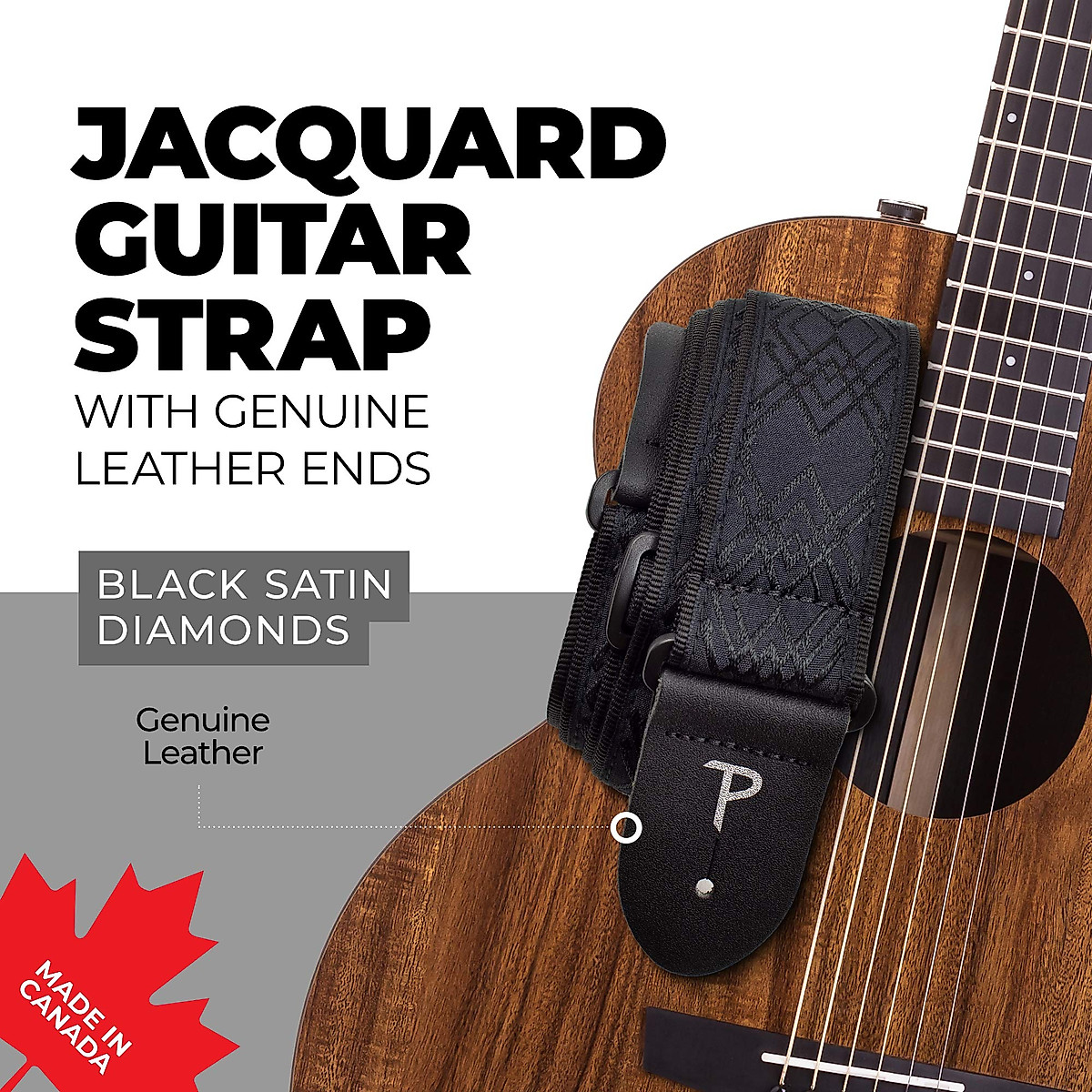 Perris Leather Guitar Strap - Satin Diamond Design Jacquard Ribbon Guitar Strap, with Leather Ends - Electric/Acoustic/Bass Guitar Strap - Adjustable Strap From 39″ to 58″ - Black (TWS-6542)