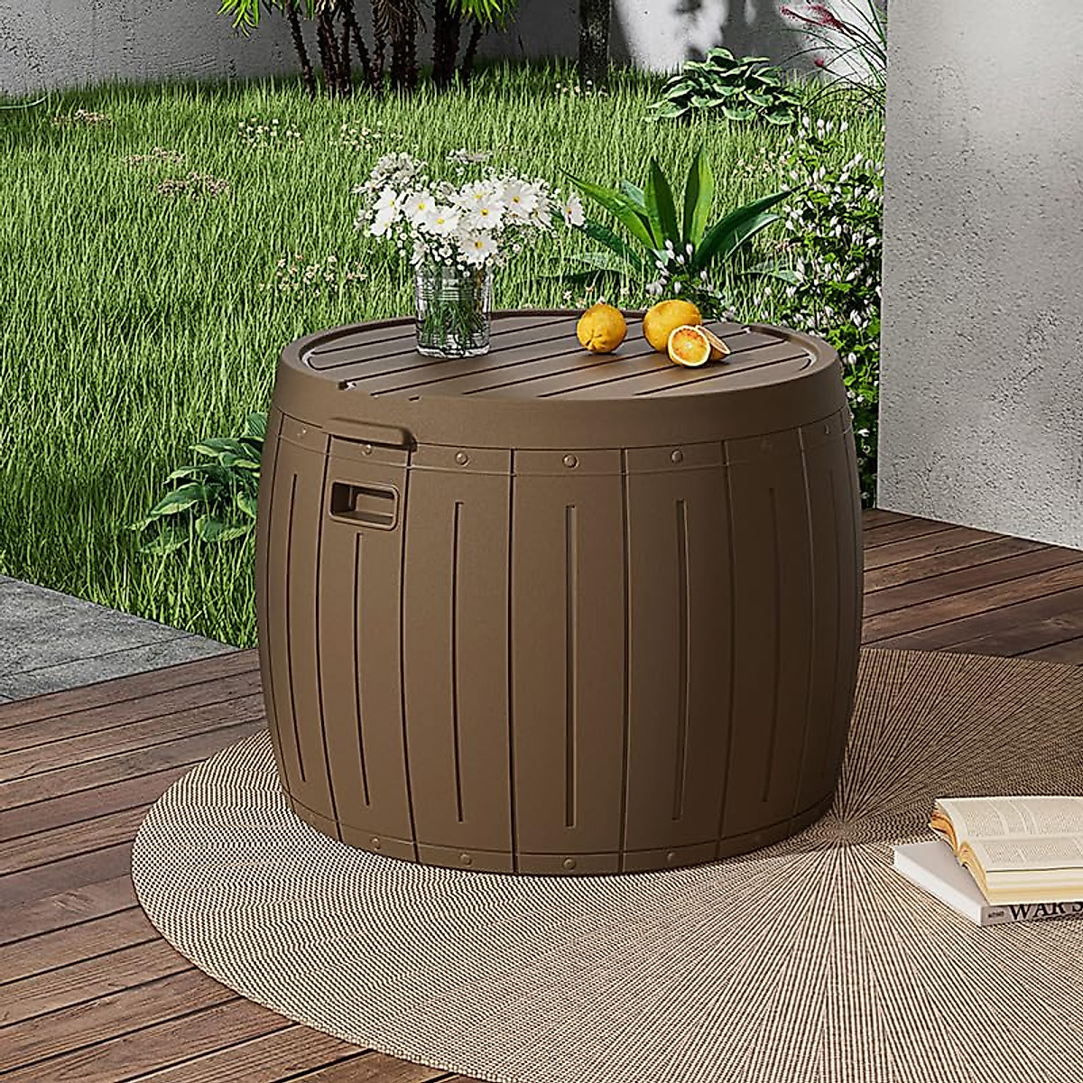 ZZM Round Deck Box Resin Storage Bucket Patio Garden Furniture For Side Table, Picnic Bucket,Beach Towels Box