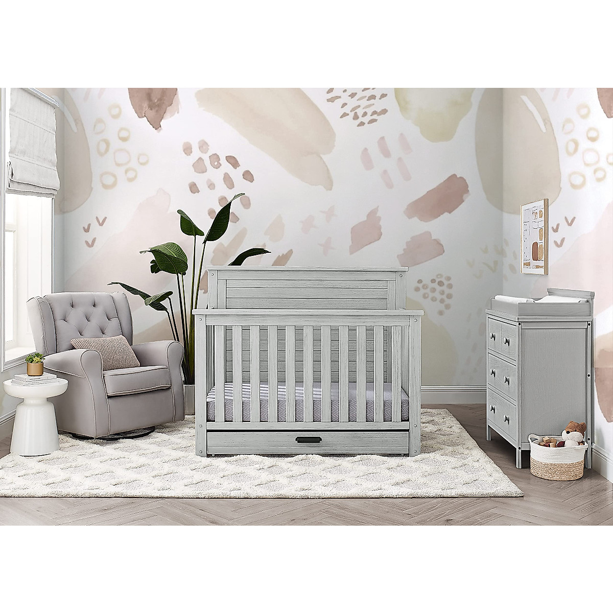 Delta Children Simmons Kids Caden 6-in-1 Convertible Crib with Trundle Drawer, Greenguard Gold Certified, Rustic Mist