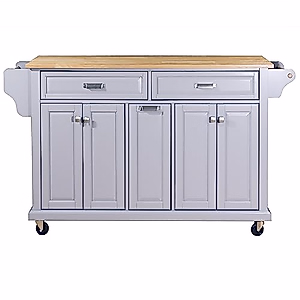 LKTART 51'' Mobile Kitchen Island Extensible 60.5''Solid Wood Table Top with 3 Drawers 4 Doors Spice Rack Towel Rack Movable on Wheels Kitchen Island for Kitchen