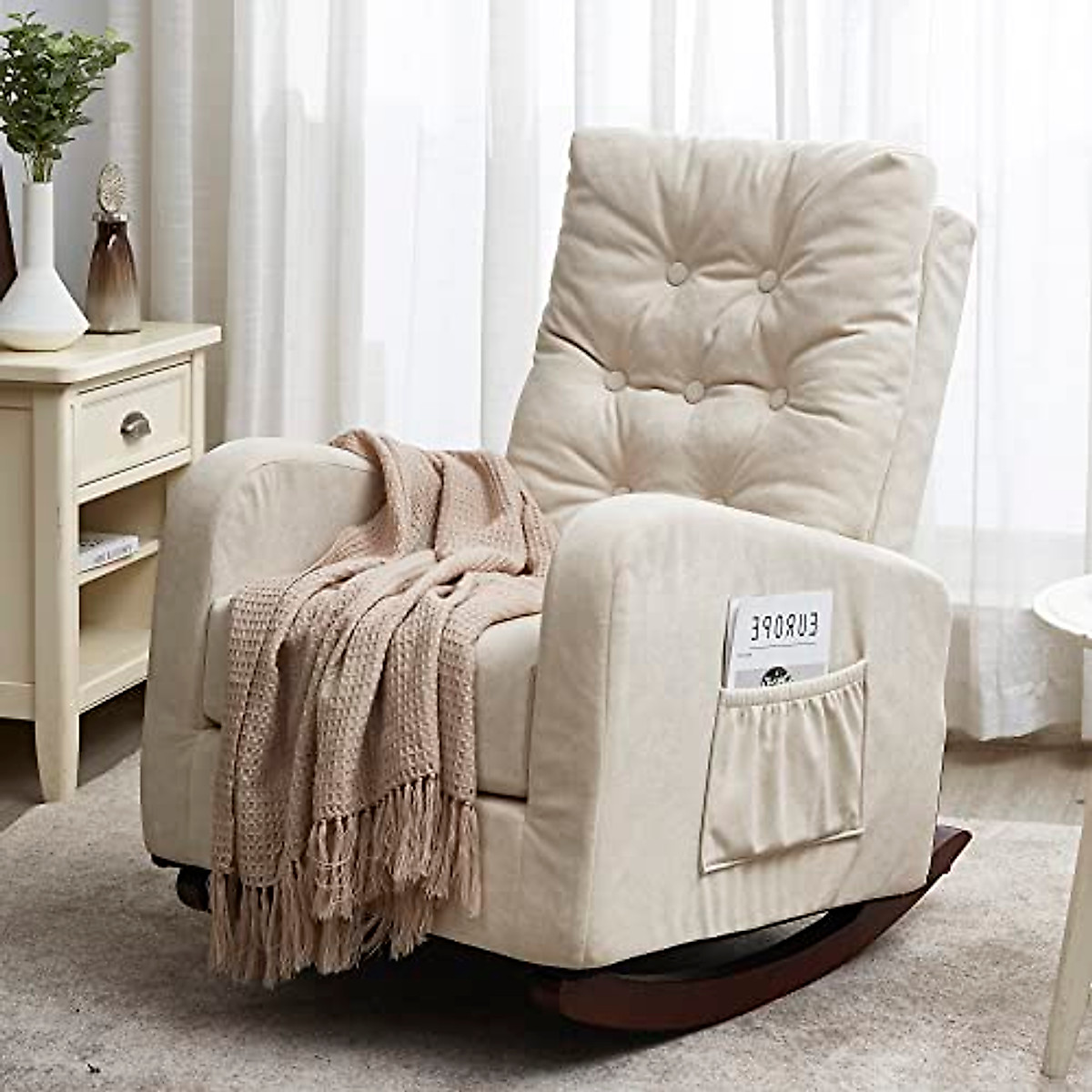 Deolme Velvet Rocking Chair, Upholstered Glider Rocker Accent Chair, Modern Armchair with High Back for Nursery, Comfy Side Chair for Living Room, Bedroom (Beige)