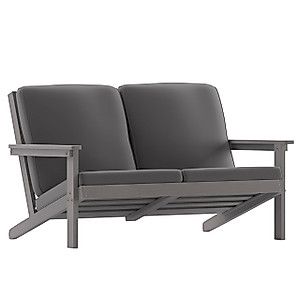 Merrick Lane Riviera Adirondack Style Deep Seat Patio Loveseat with Cushions - Gray Poly Resin Frame - Gray All-Weather Cushions - Indoor/Outdoor