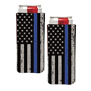 PKM - (2) Back the Blue Thin Blue Line Slim Can Cooler Sleeve - Beer Blank Skinny 12 oz Neoprene Coolie - Perfect For 12oz Red Bull, Michelob Ultra,Truly