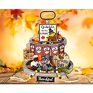11Pcs Thanksgiving Turkey Tray Decor Fall Decorations Gobble Till You Wobble Thankful Wooden Signs and Thanksgiving Bead Garland Farmhouse Rustic Tiered Tray Decor for Home Table