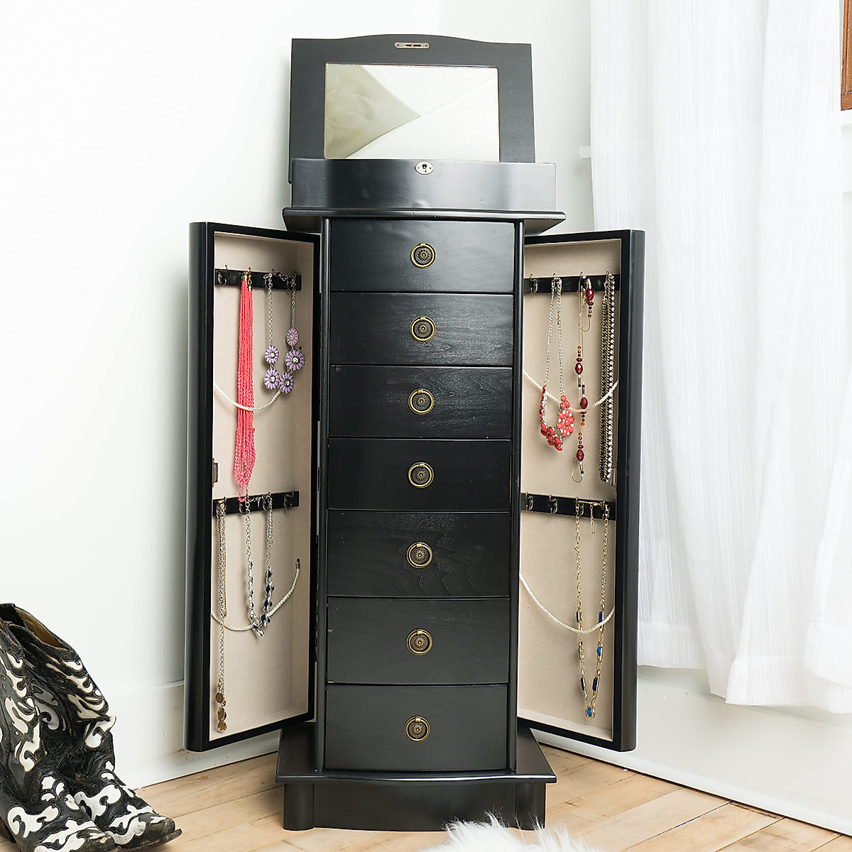 Alveare Home North Locking 7-Drawer Jewelry Armoire – Spacious Organizer with Mirror, Necklace Hooks & Anti-Tarnish Lining, Black