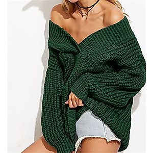 Women's Off Shoulder V Neck Knit Sweater Long Sleeve Waffle Knit Pullover Casual Loose Cable Jumper Tops (3X-Large,Green)