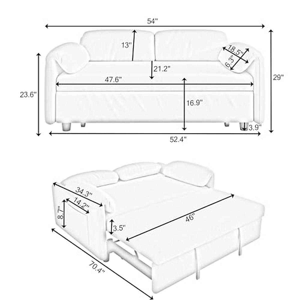54"W Loveseat Sofa Convertible Sleeper Sofabed ,2 Seater Functional Love Seat Sofa&Couch W/Pull Out Couch Bed, Reclining Backrest and Reversible Pillows Armrests for Office Apartment RV Living Room