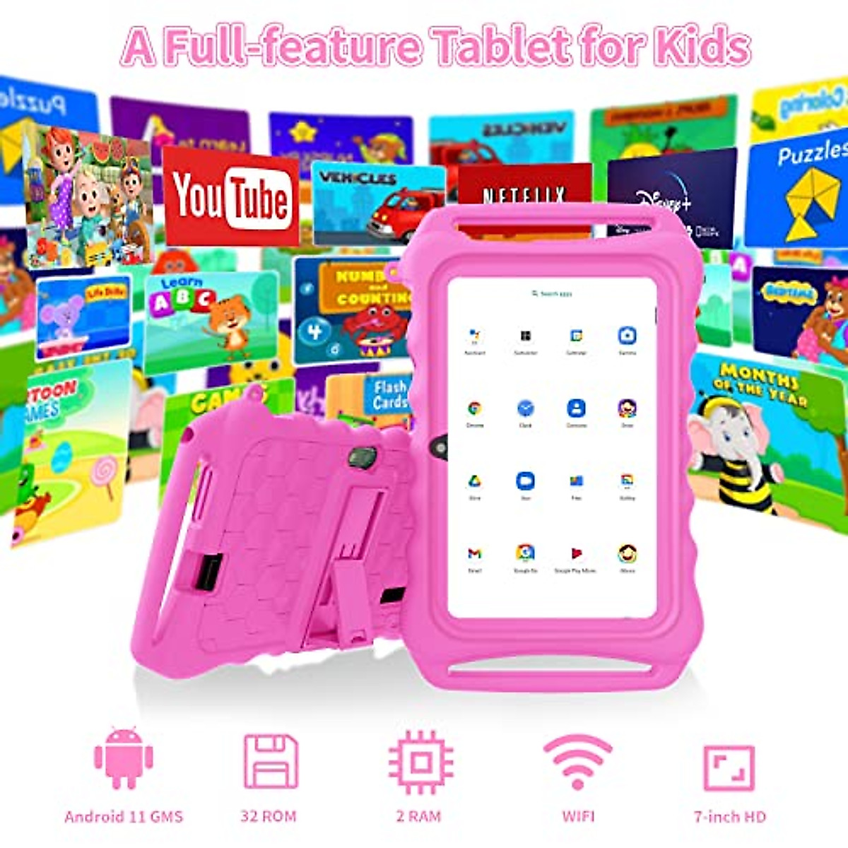 7inch Tablet for Kids Android 11 Tablets 3GB 32GB Parental Control Children Learning Toddler Tablet Shockproof Kickstand Case, GMS Certified, Google Tableta YouTube Netflix (Pink)