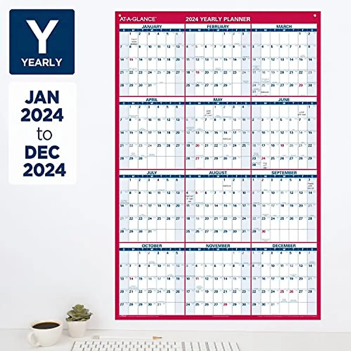 AT-A-GLANCE 2024 Monthly Erasable Calendar, Dry Erase Wall Planner, 48" x 32", Extra Large, Vertical/Horizontal, Reversible (PM3262824)