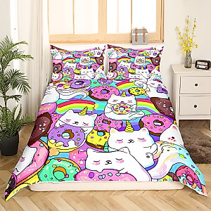 Feelyou Girls Unicorn Bedding Set for Kids Children Cute Dreamy Cat Print Comforter Cover Decorative Magical Kitten Animal Duvet Cover Cartoon Donuts Bedspread Cover Twin Size 2Pcs Bedclothes