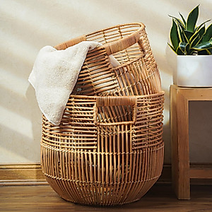 X AVIA HANDICRAFTS Set Of 2 Large Woven Blanket Baskets With Handles | Round Wicker Rattan Storage Floor Baskets for Shoe In Living Room | Extra Big Boho Rattan Laundry Baskets For Pillow, Blanket