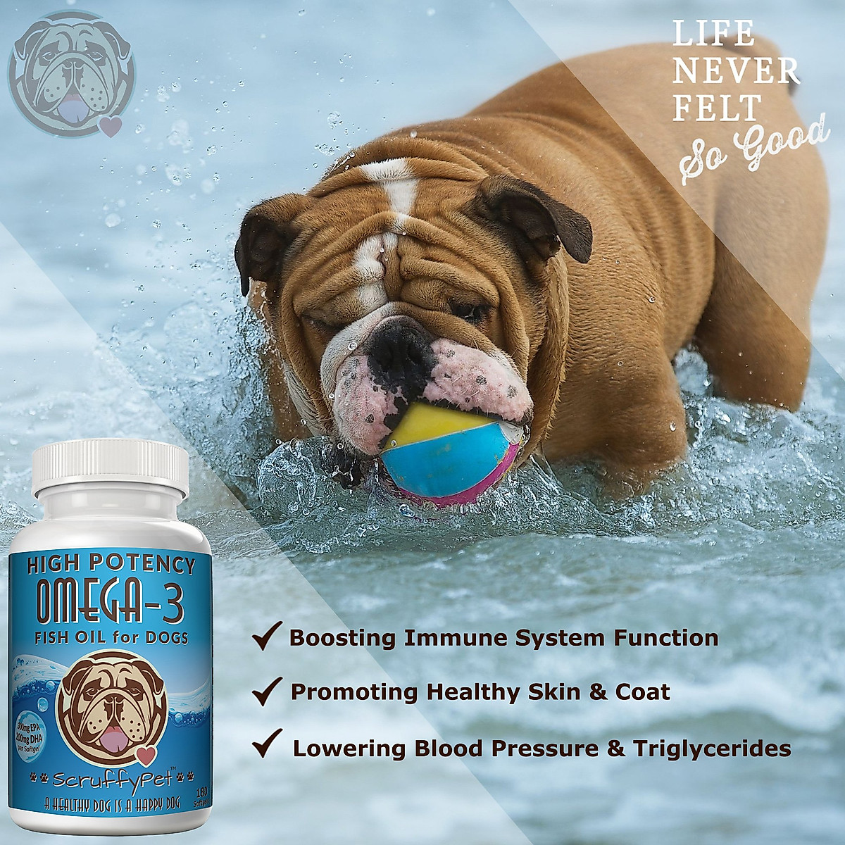 ScruffyPet Pure Omega 3 Wild Fish Oil for Dogs with Vitamin E - Highest EPA & DHA Softgels Available (1000mg) 180ct