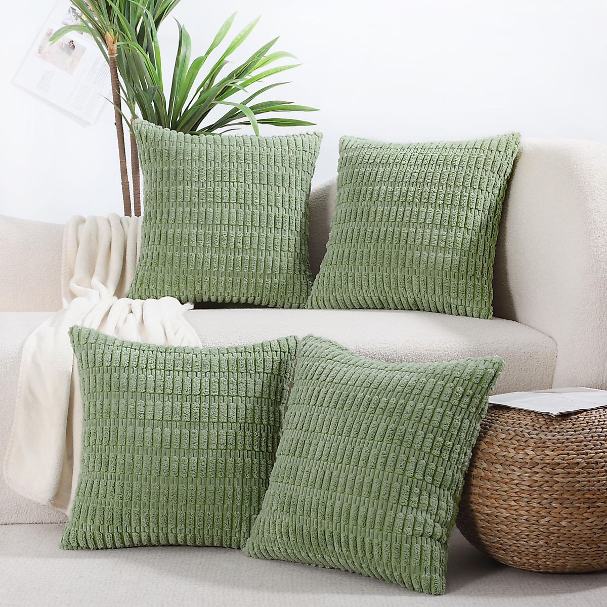 All Smiles Sage Green Decorative Spring Throw Pillow Covers 18x18 Set of 4 Farmhouse Couch Boho Home Decor Soft Plush Striped Corduroy Square Cushion Case for Living Room Couch Bed Sofa