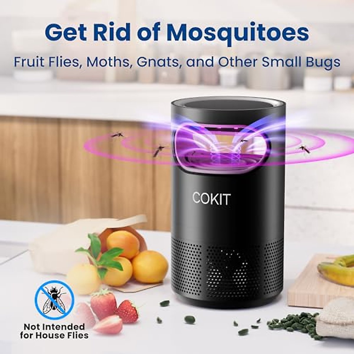 COKIT Indoor Insect Trap, Catch Insect with Suction, Bug Light and Sticky Glue, Catcher & Killer for Mosquito, Gnat, Moth, Fruit Flies, Non-Zapper Traps for Home with Adapter, Glossy Black