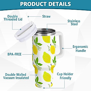 ODAWA 40oz Lemons White Insulated Cup with Handle and Straw, 2 in 1 Lid Stainless Steel Vacuum Insulated Tumbler
