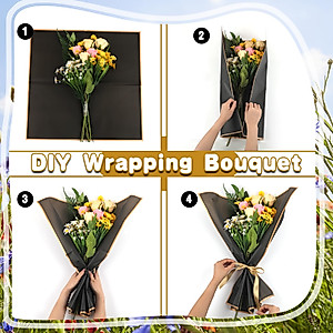 20 Sheets Flower Wrapping Paper, Waterproof Floral Bouquet Wrapping Paper Gold Edge Korean Florist Bouquet Supplies for DIY Crafts Packaging Bouquet Wedding Birthday Gift, 22.8x22.8 inch (Black)