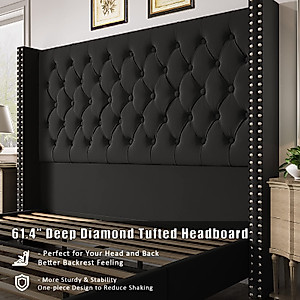 PaPaJet King Size Bed Frame 61.4" Tall Headboard Upholstered Velvet Platform Bed with Handmade Deep Button Tufted/No Box Spring Required/Black