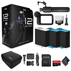 Go Pro HERO12 Black Creator Edition - Includes Volta (Battery Grip, Tripod, Remote), Media Mod, Light Mod, Enduro Battery - Waterproof Action Camera + 64GB Extreme Pro Card and 2 Extra Batteries