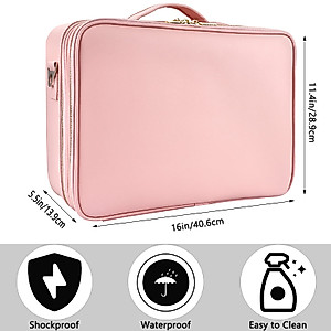 OEWOER PU Leather Professional Makeup Bag 16 Inches Travel Makeup Case Large Cosmetic Train Case Sets Cosmetic Organizer Box with Adjustable Strap and Make up Brush for Hair Curler Millennial (L-Pink)