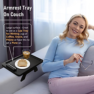 SINWANT Sofa Armrest Tray,Clip On Couch Arm Table, Foldable Sofa Arm Tray with 360° Rotating Phone Holder and Stable Sofa Table for Eating and Drink, Black