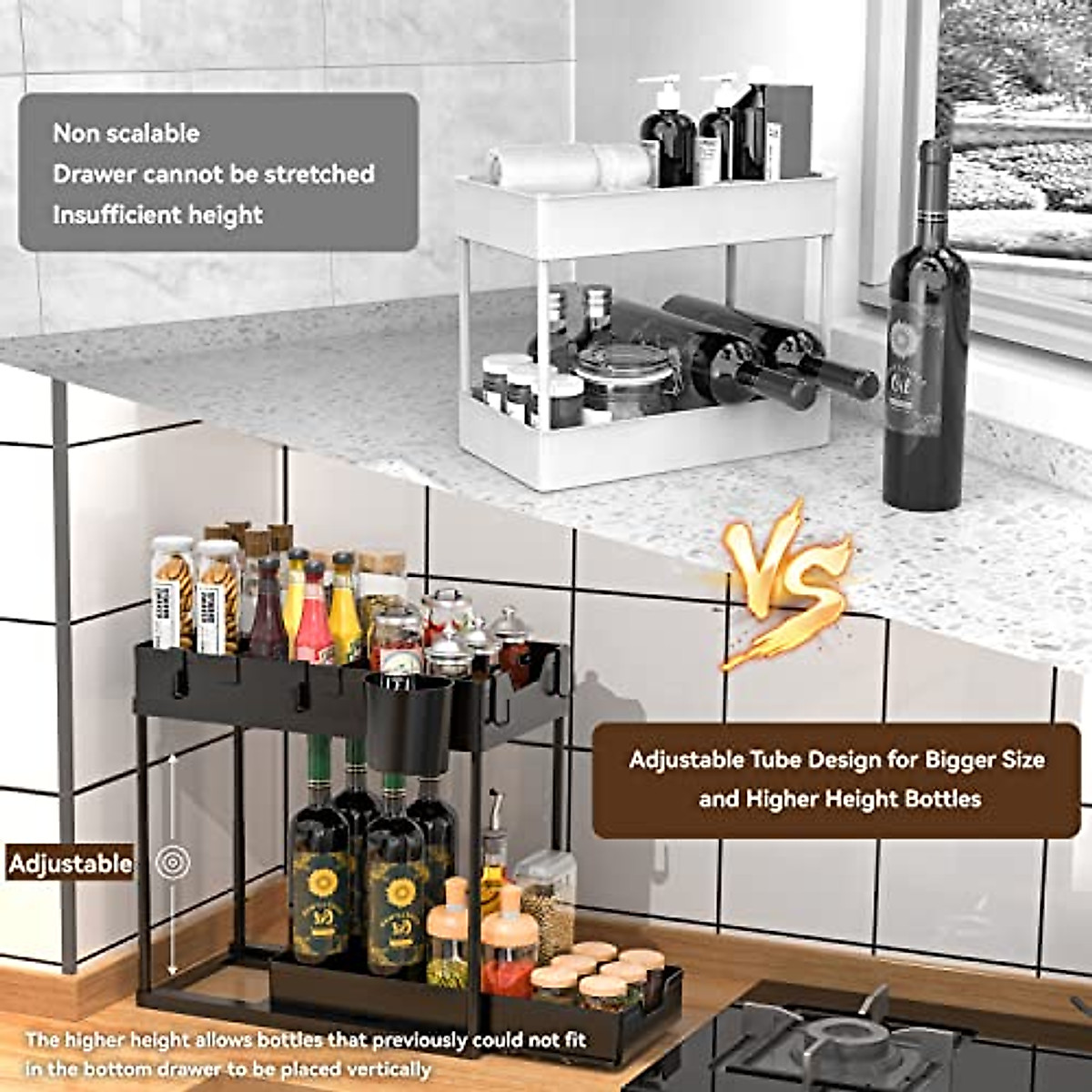 GAOLINE 2 Pack 2 Tier Under Sink Organizers and Storage with 8 Hooks, 4 Long Bulkheads, 4 Short Bulkheads & 2 Hanging Cups, Double Sliding Drawers Cabinet Basket Organizer, Up to 15 inches High, Black