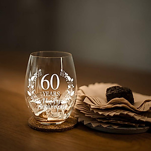 Perfectinsoy 60 Years Happy Anniversary Wine Glass with Gift Box, 60th Anniversary Wedding Gift For Mom, Dad, Wife, Soulmate, Couple, Funny Vintage Unique Personalized, 60 Years Gifts