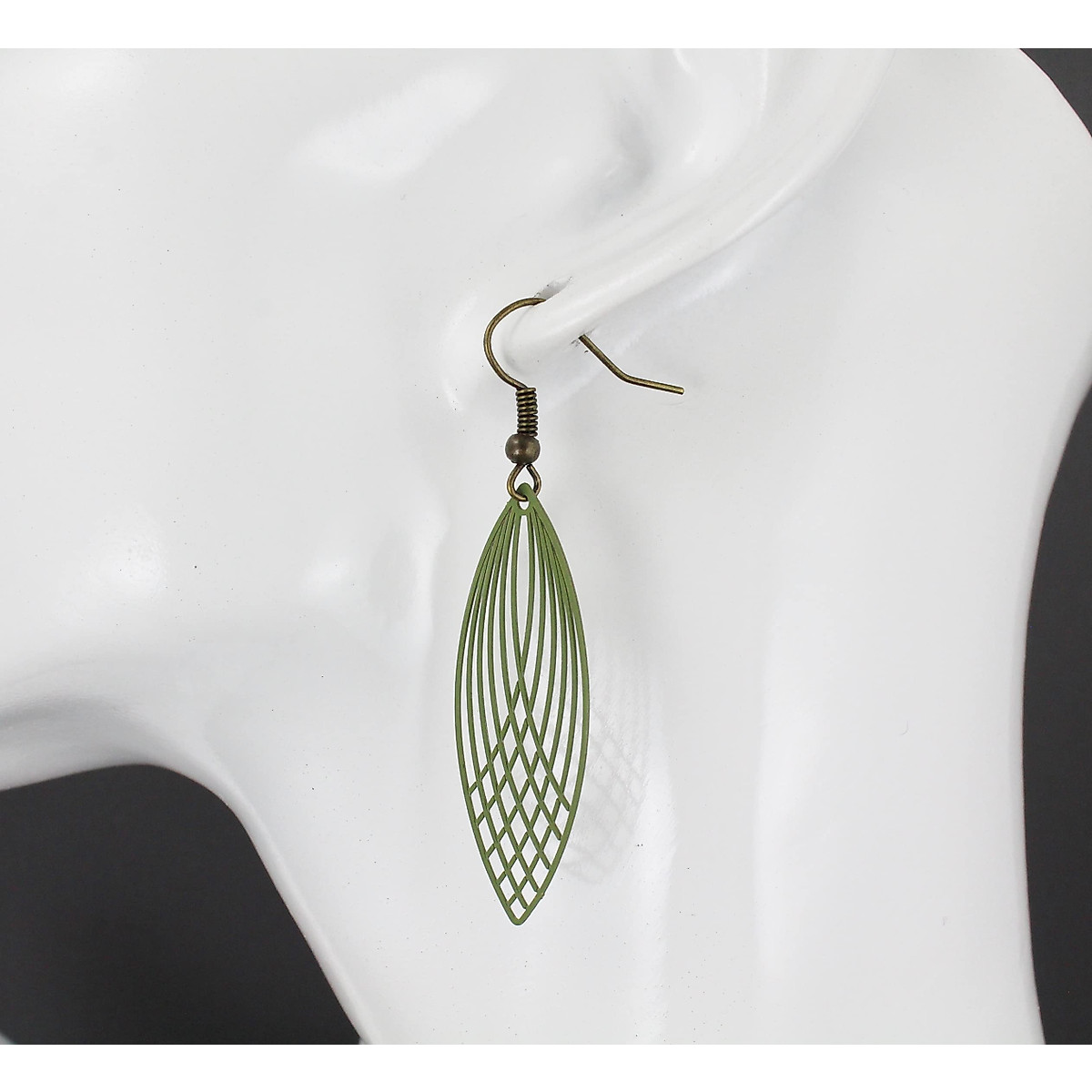 Olive Green earrings teardrop dangle lightweight oval filigree 2 1/4 inches long painted very lightweight