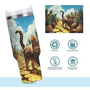Slewiaeky Tumbler with Handle 40 oz Adorable Skinny Cat Travel Mug with Lid and Straw Pineapple Stainless Steel Vacuum Insulated Water Bottle Cup for Iced Tea Coffee Cold Beverages Cup Holder Friendl