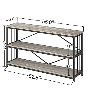 LVB Farmhouse Industrial Console Table, Wood Metal Foyer Entryway Sofa Tables with Storage, 3 Tier Long Rustic Entry Table TV Stand with Shelves for Home Living Room Hallway, Light Grey Oak, 55 Inch