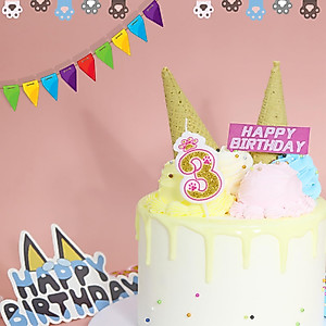FAMGift Number 3 Pink Paw Birthday Candles - 3rd Birthday Cake Topper for Boy Girl Birthday Decoration, Cartoon Themed Party Supplies