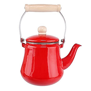FURLOU Kettle for Stove top 1.5L/50.7OZ Enamel Kettle Thicken Retro Stovetop Induction Cooker Natural Gas Household Restaurant Wooden Handle Teapot Kitchen Supplies Teapots (Color : Red)