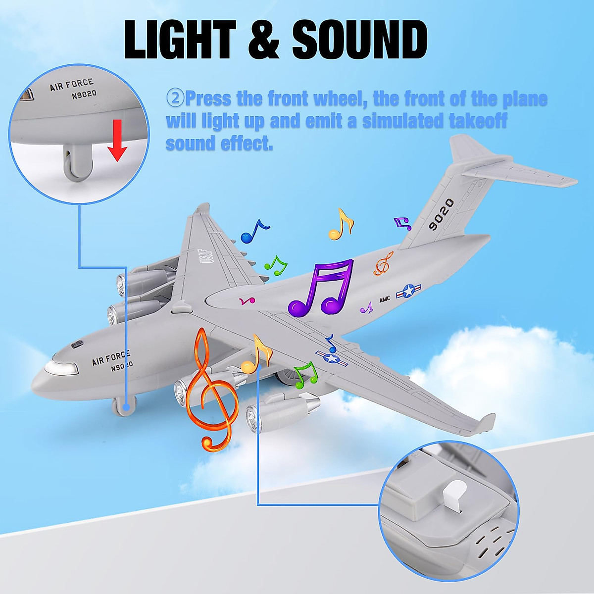 Crelloci Air Force Diecast Plane Toy with Lights & Sounds Pull Back, Grey Metal Military Model Airplane, Army Aircraft Fighter Toy, Play Vehicle for Kids Boys Toddlers Ages 3+