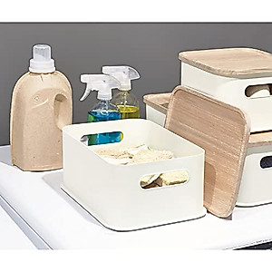 iDesign Recycled Plastic Medium Storage Bin with Handles and Paulownia Wood Lid