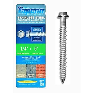 Tapcon 1/4" x 5" Stainless Steel Hex Head Concrete Anchor Screws 3460907 | 100 Pack | Drill Bit Included
