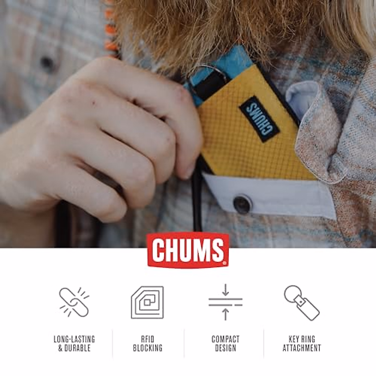 Chums Surfshorts Wallet - Lightweight Slim Wallet with RFID Blocking Card & Clear ID Window - Zippered, Minimalist Wallet w/Key Ring (Tri - Pink/Tan/Aqua)