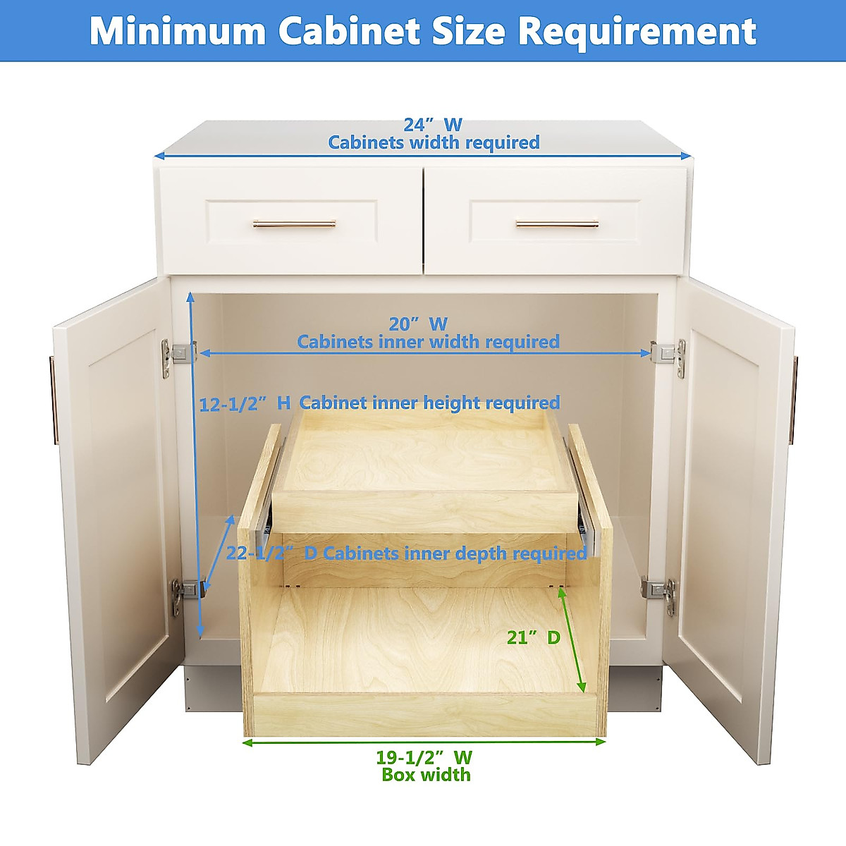LOVMOR Retractable Double-Drawer Pull Out Cabinet Organizer 19½” W x 21” D Soft Close Cabinet Drawers Slide Out with Full Extension Rail Slides Cabinet Pull Out Shelves for kitchen Cabinets
